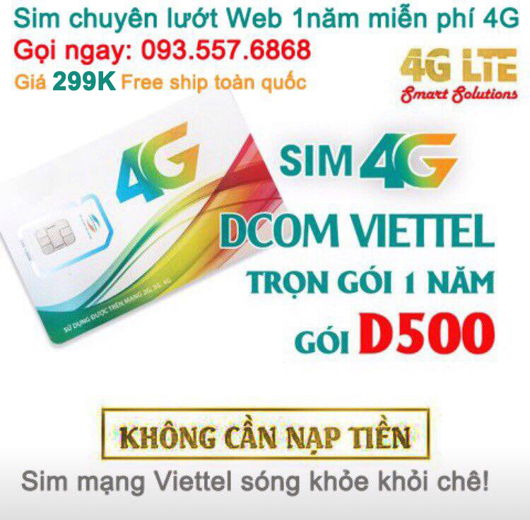 Sim Dcom 4G viettel 1 năm dùng cả năm không tốn tiền ĐK D500 D900